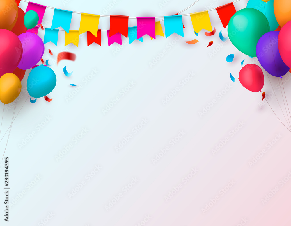 Celebrate banner. Party flags with confetti and balloons. Vector ...