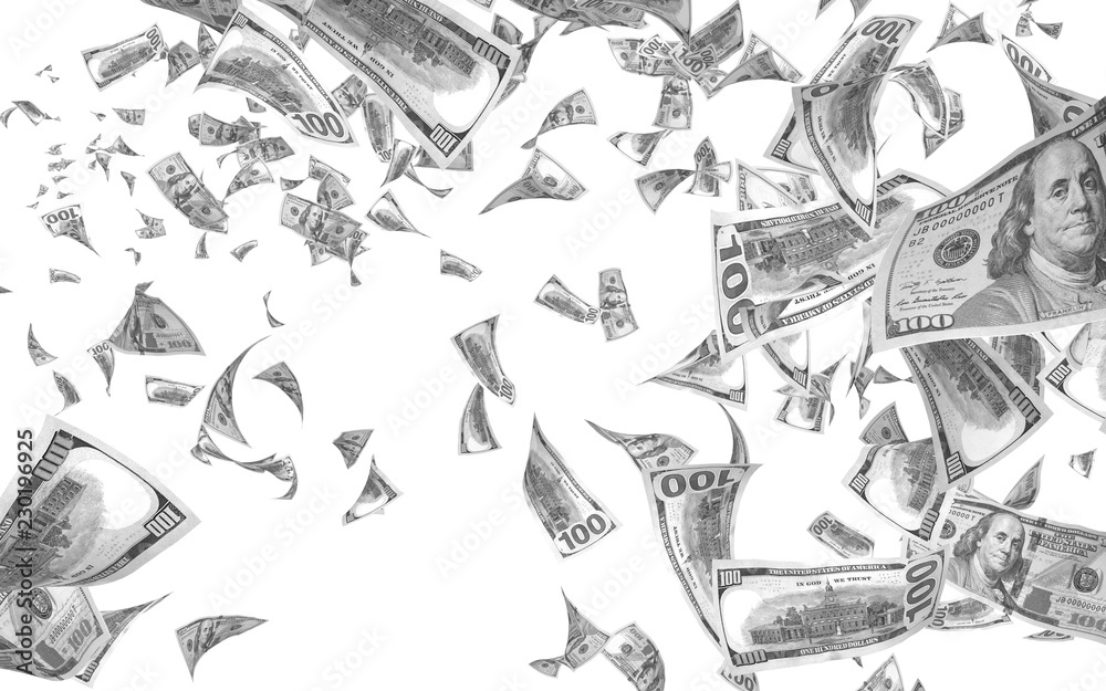 Flying dollars banknotes isolated on white background. Money is flying ...