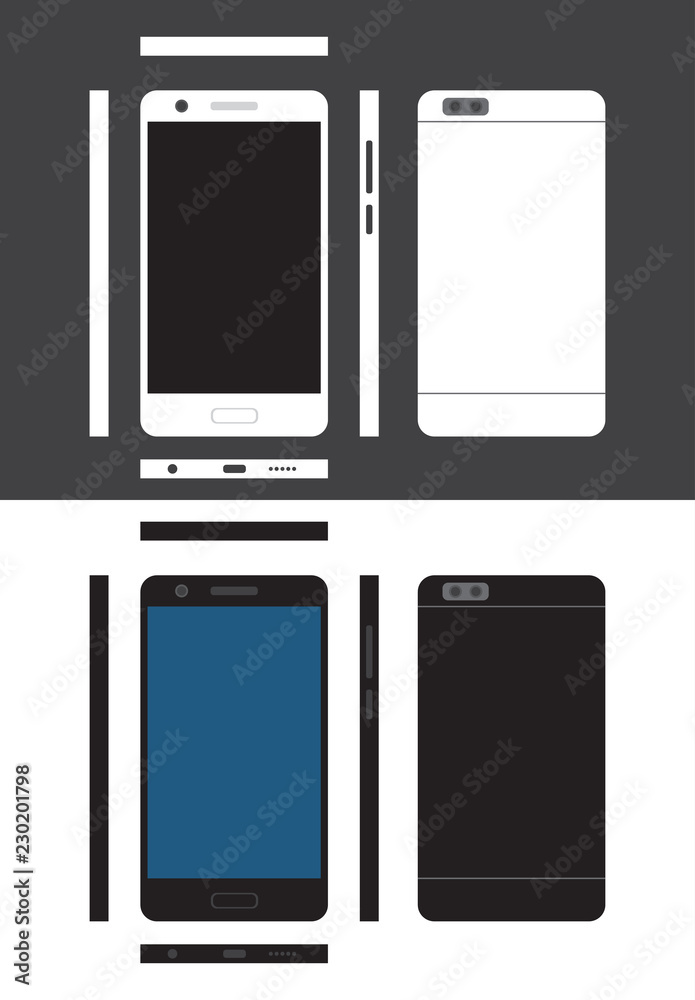 Vector set of smartphone images in flat style. Top, bottom, side, front ...