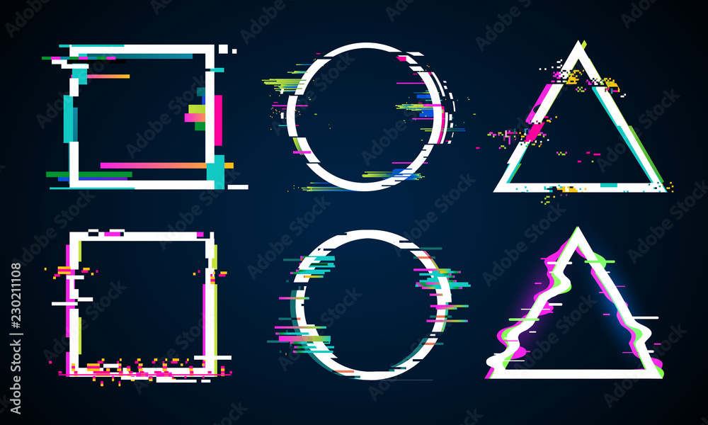 Distorted glitch frame. Glitched circle, square and triangle frames ...