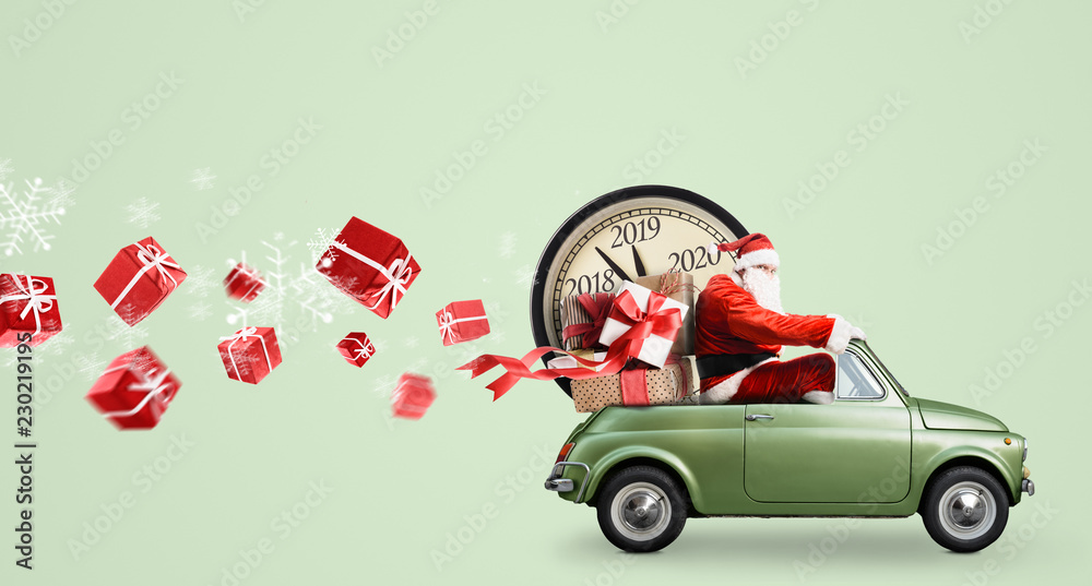 Christmas countdown arriving. Santa Claus on car delivering New Year ...