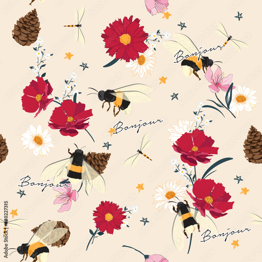 seamless Wild flowers and insect illustrations. Hand drawing style ...