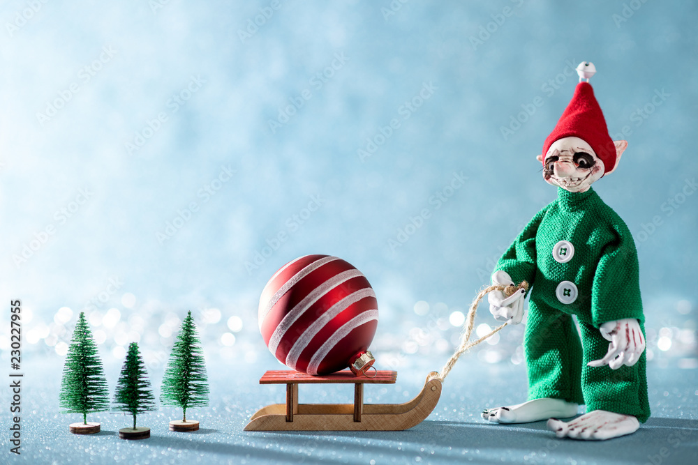 Cute Cheerful Santas Helper Elf Pulling Santas Sleigh With Christmas ...