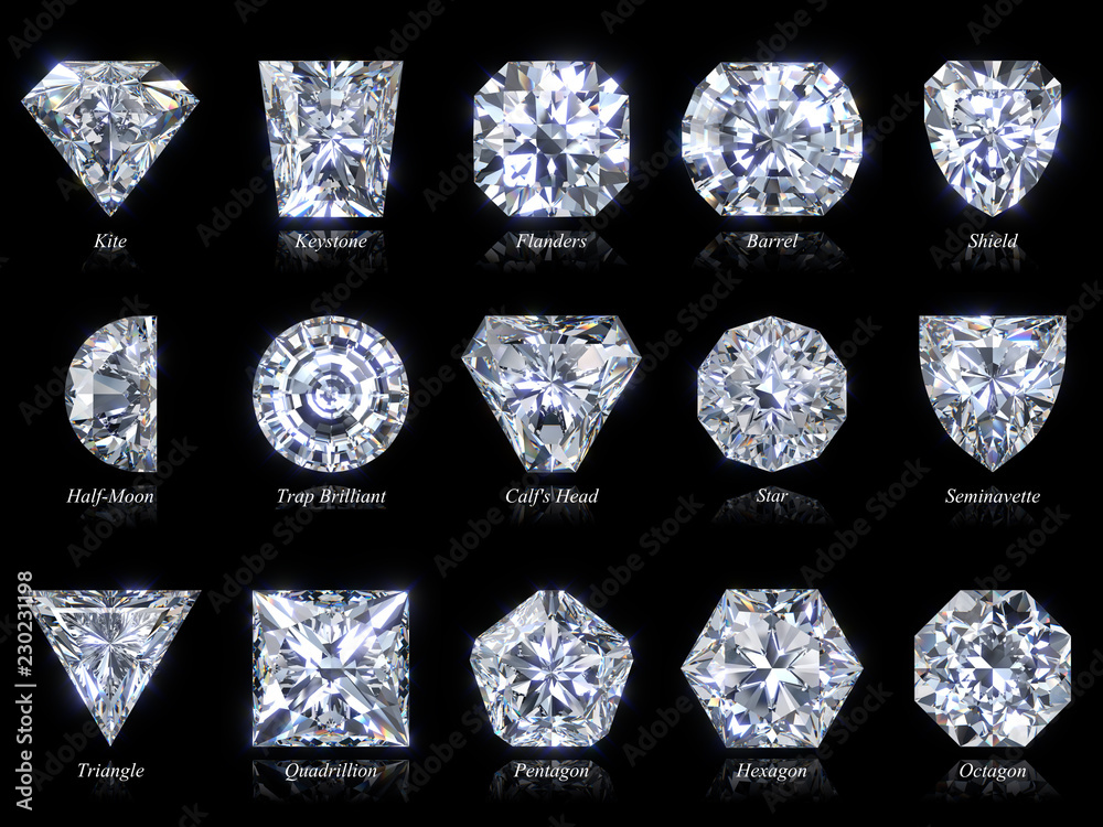 Fifteen exotic diamond shapes with titles isolated on black background ...