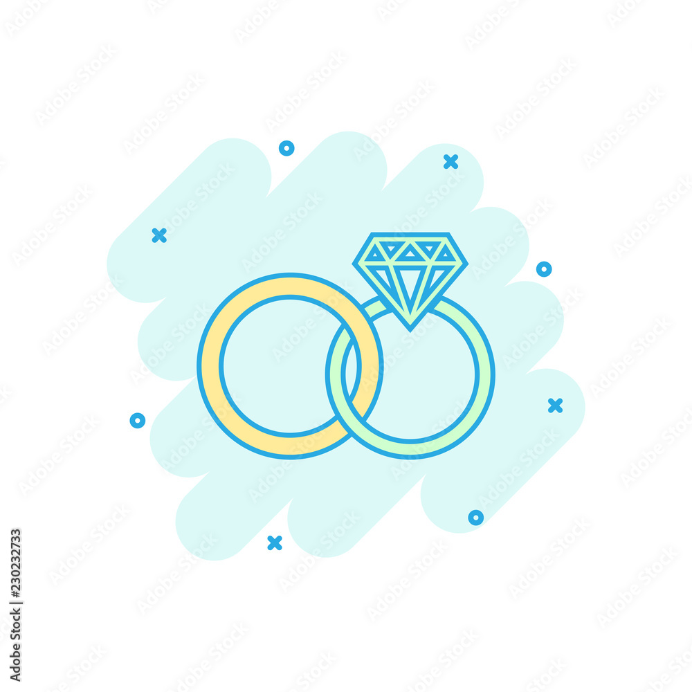 Vector cartoon engagement ring with diamond icon in comic style ...