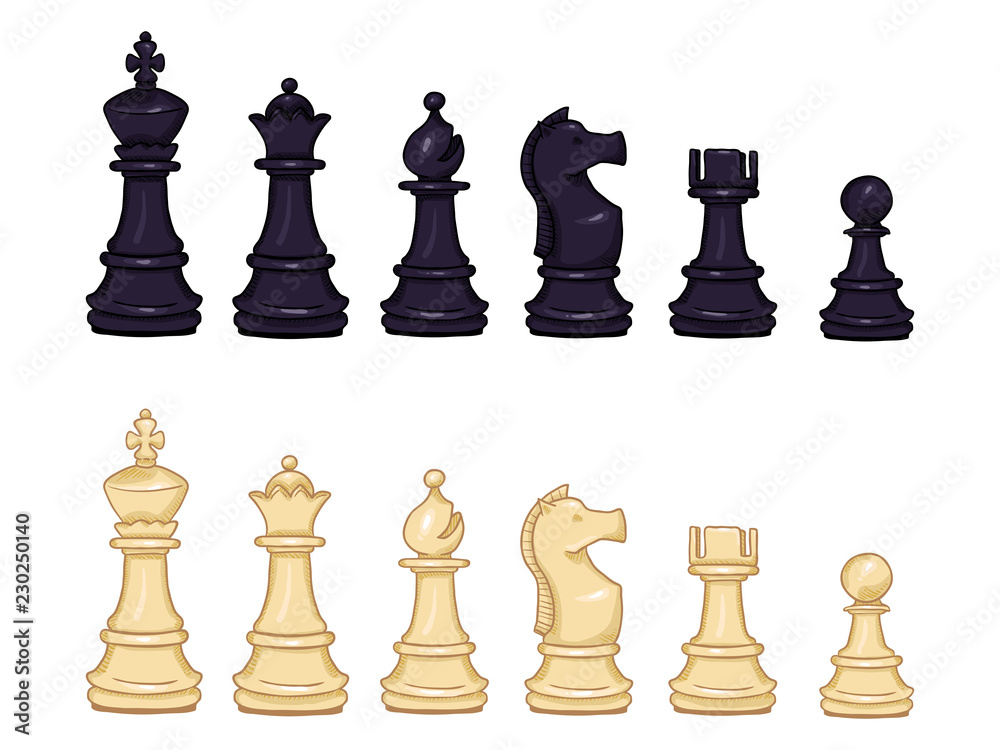 Vector Set of Cartoon Black and White Chess Pieces. Stock Vector ...