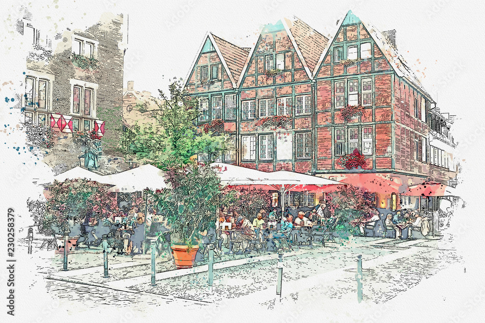 Watercolor sketch or illustration of traditional German architecture ...