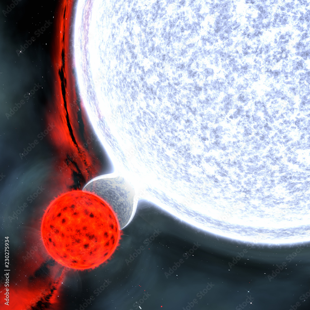 binary star system with red dwarf and blue giant and gravitational ...