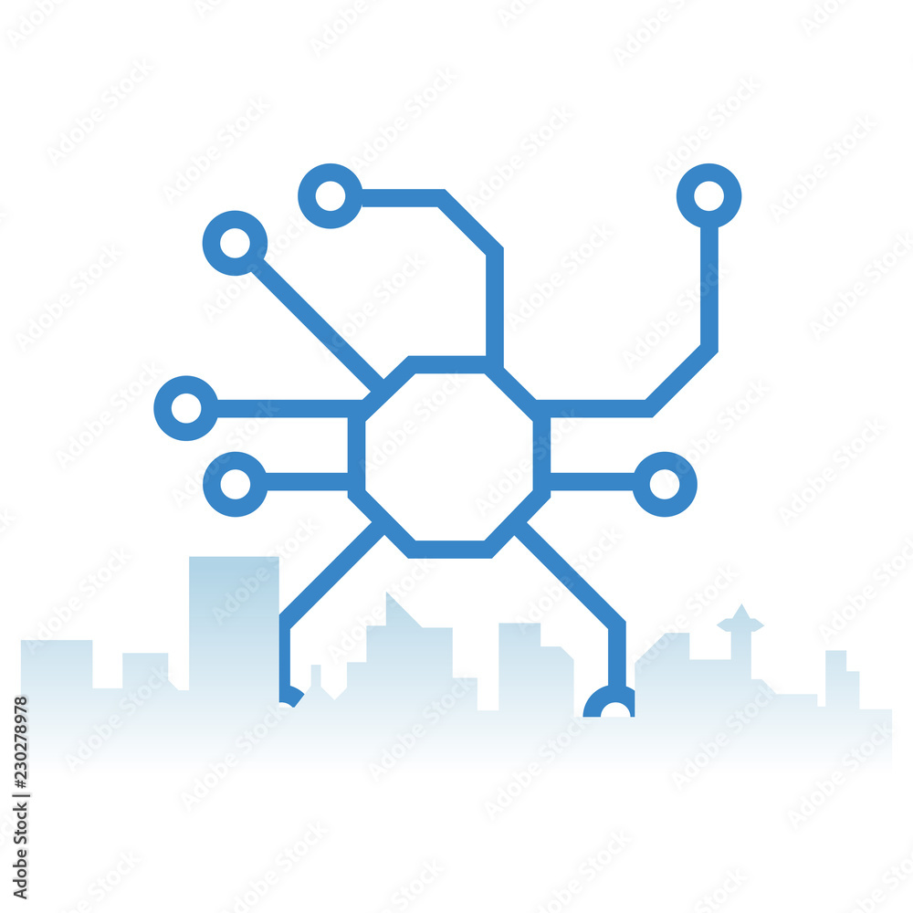 Graphic circut monster with eight arms towering over a city skyline ...