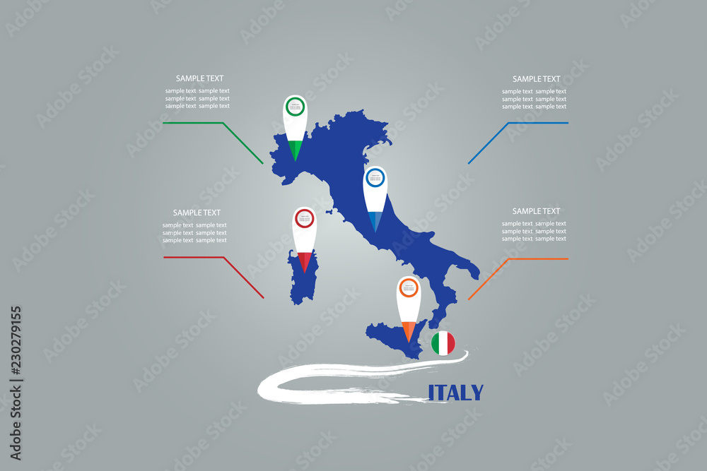 Infographic of the blind map and circle flag of Italy with labels and ...