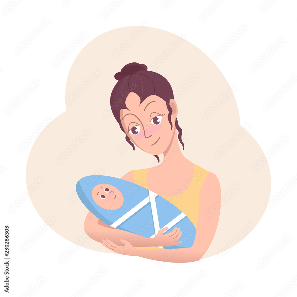 Happy Woman holding a newborn baby BOY in her arms. Vector cartoon ...