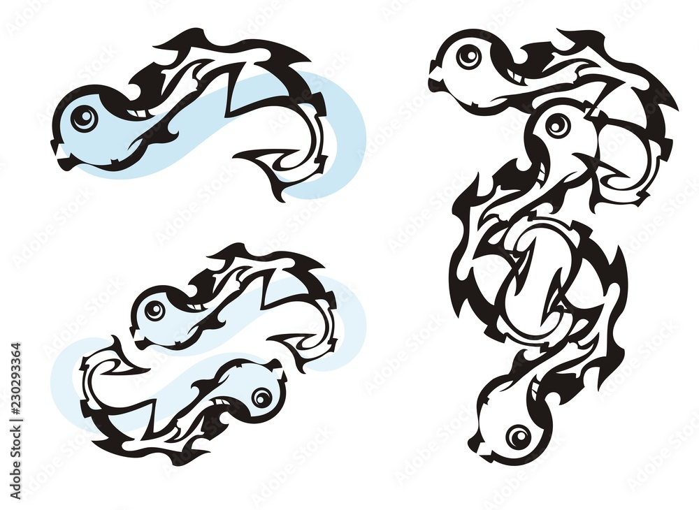 Unusual fish symbols. Freakish dangerous twirled symbols of fishes with ...
