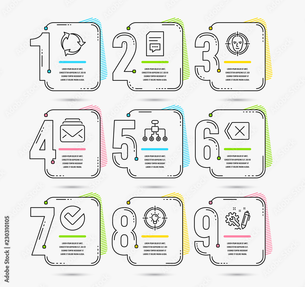 Infographic template with numbers 9 options. Set of Idea, Mail and ...