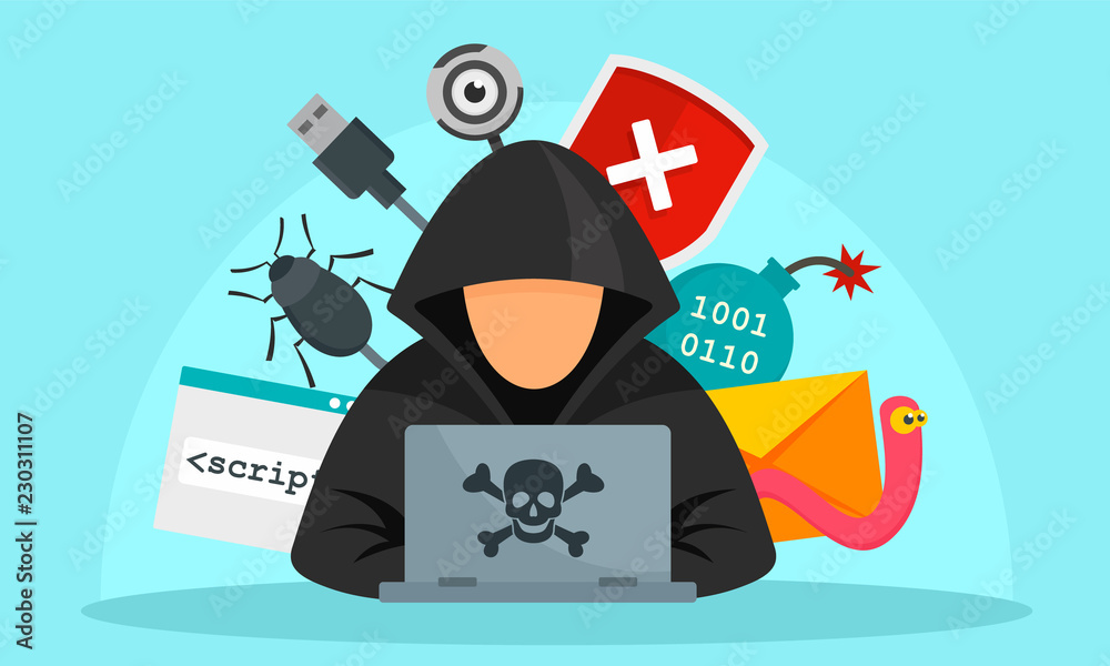 Hacker activity concept background. Flat illustration of hacker ...