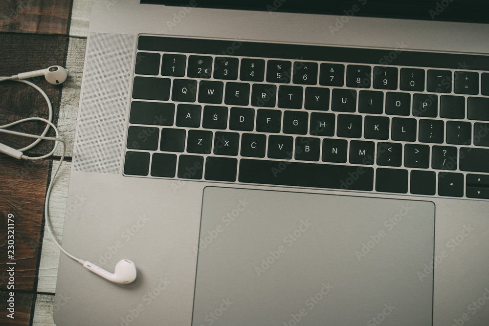 laptop on the table background. design for template, top view, top ...