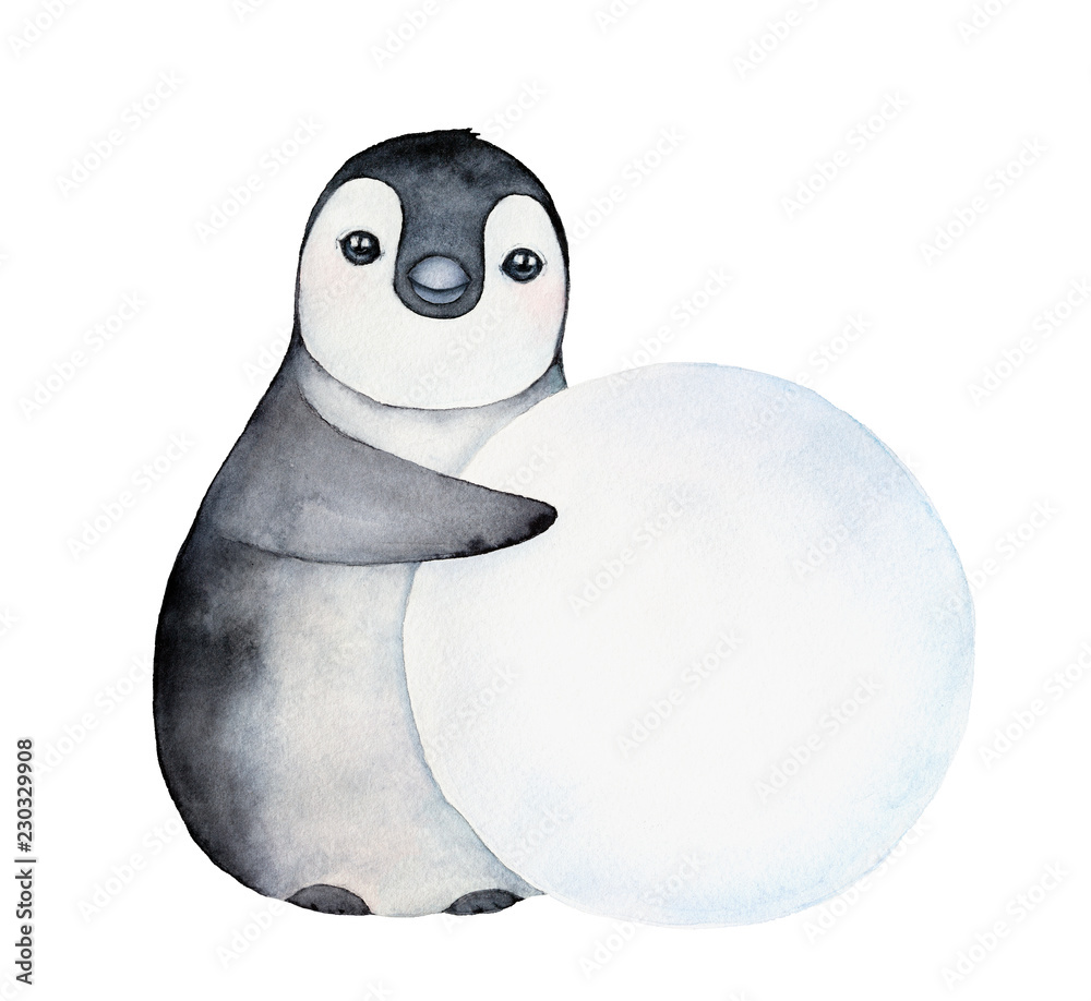 Little happy penguin character rolling a big round snowball. Hand drawn ...