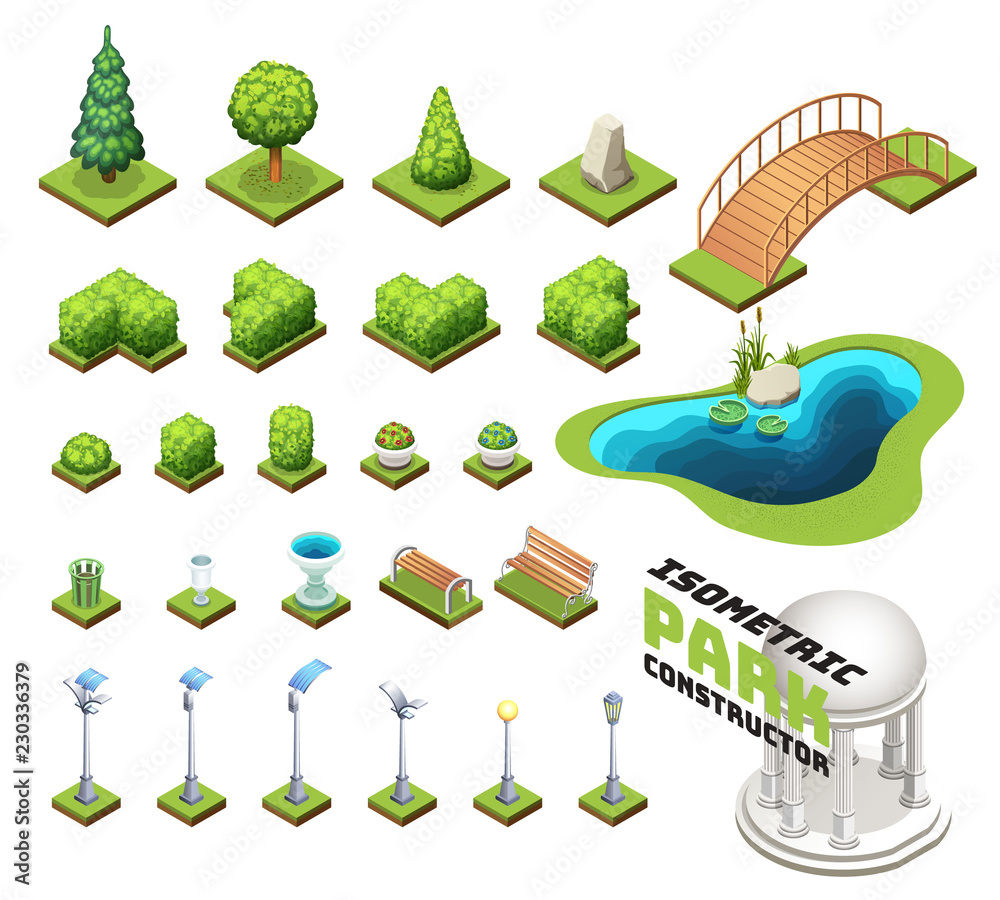 Isometric park constructor set. Isolated vector illustrations. Stock ...