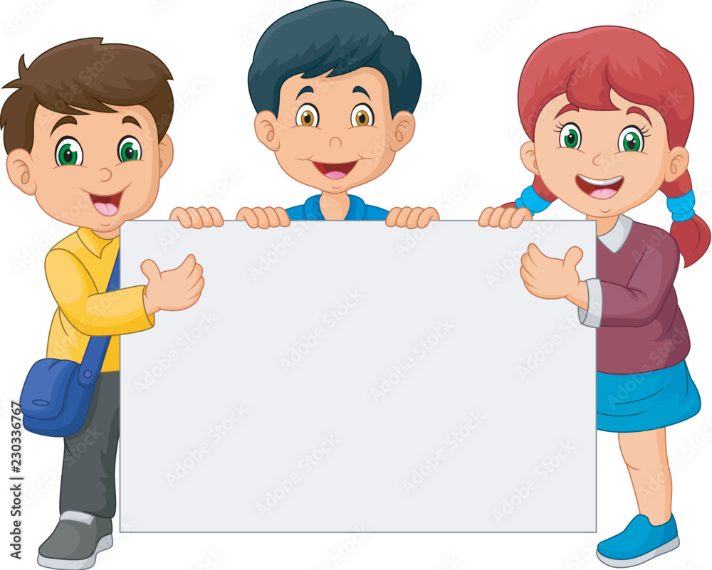 Cartoon happy kids holding blank sign Stock Vector | Adobe Stock