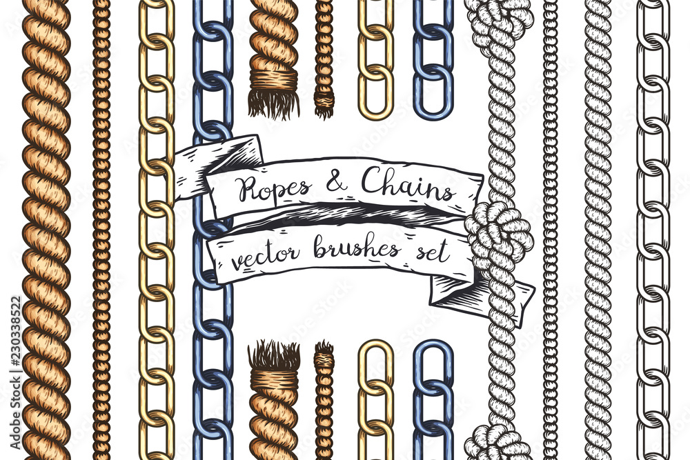 Set of hand drawn editable brushes of ropes and chains. Stock Vector ...