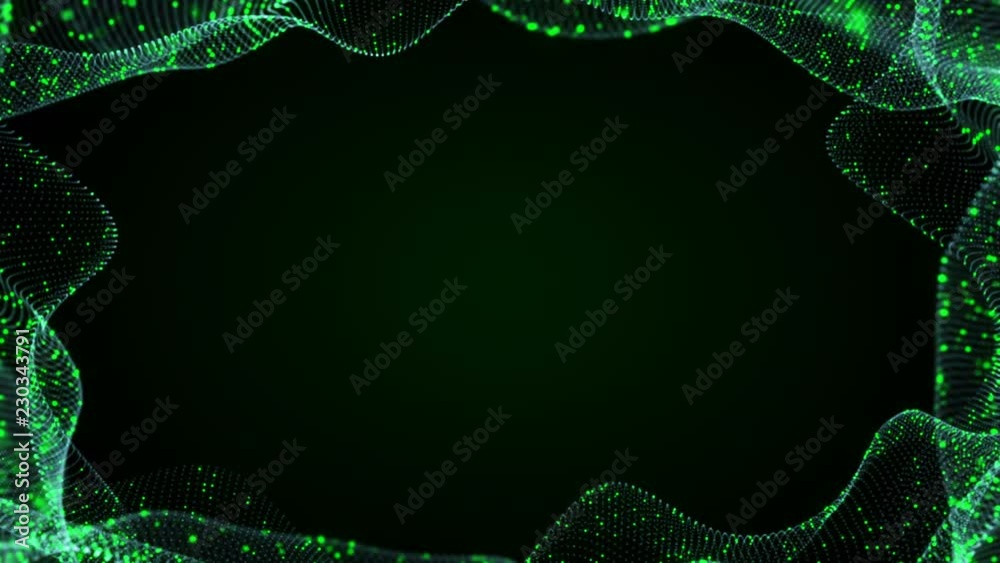 Abstract sci-fi frame of glowing green particles. Science fiction or ...