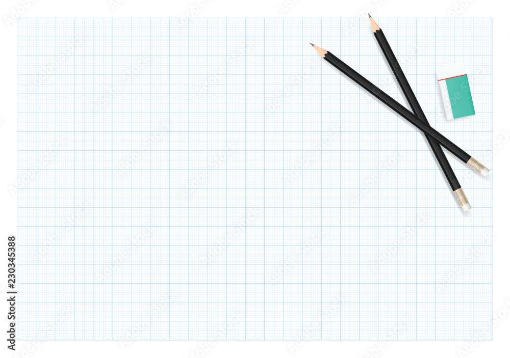 Pencil and eraser on drawing paper sheet background with area for copy ...