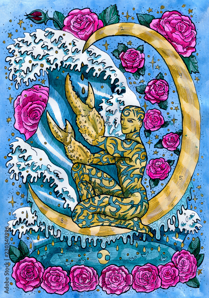 Cancer. Zodiac sign, Hand drawn fantasy graphic illustration. Occult ...