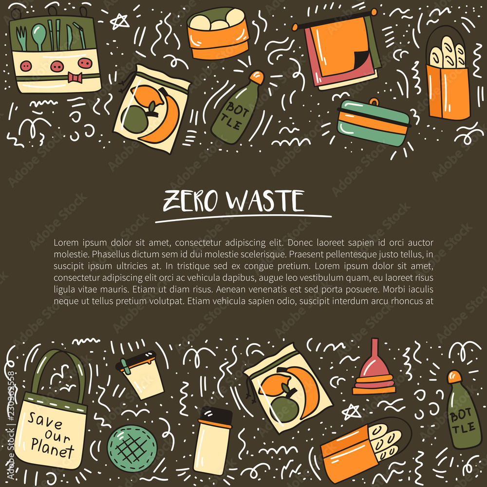 Vector illustration with cartoon hand drawn zero waste life objects ...