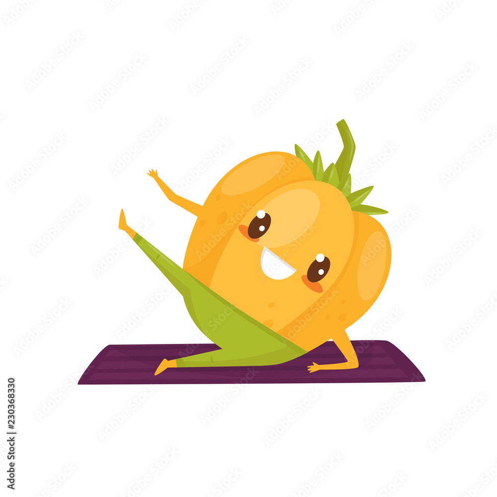 Funny pepper working out on an exercise mat, sportive vegetable cartoon ...
