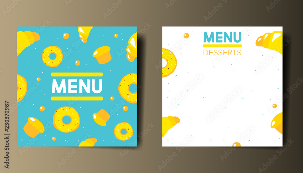 Square template of menu card with graphic elements and blue background ...