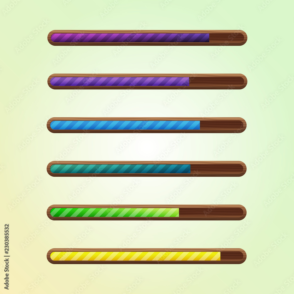 Set of six game resource bar in wooden frame with diagonal stripes ...