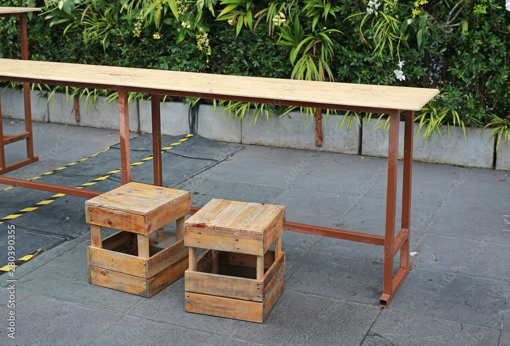 Temporary wood table and stool at street food. Thailand. Stock Photo ...