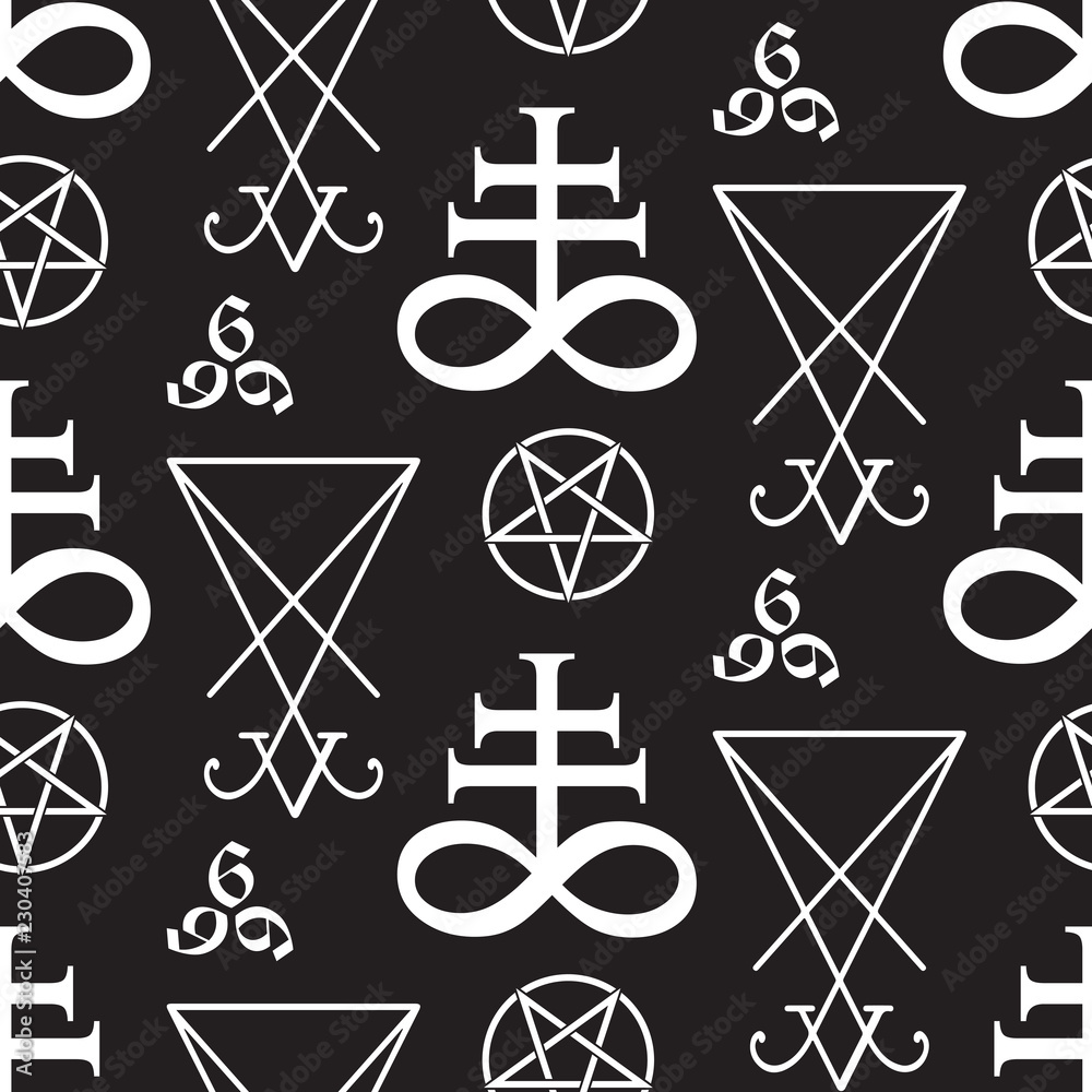 Seamless pattern with occult symbols Leviathan Cross, pentagram ...