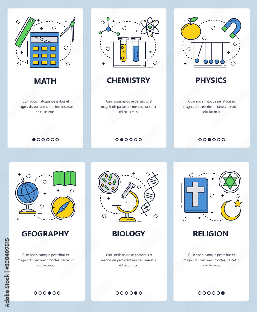 Vector web site linear art onboarding screens template. School subjects ...