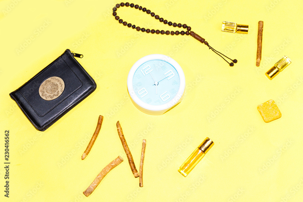 jummah mubarak time, holy book of muslims and rosary, siwak, perfume on ...