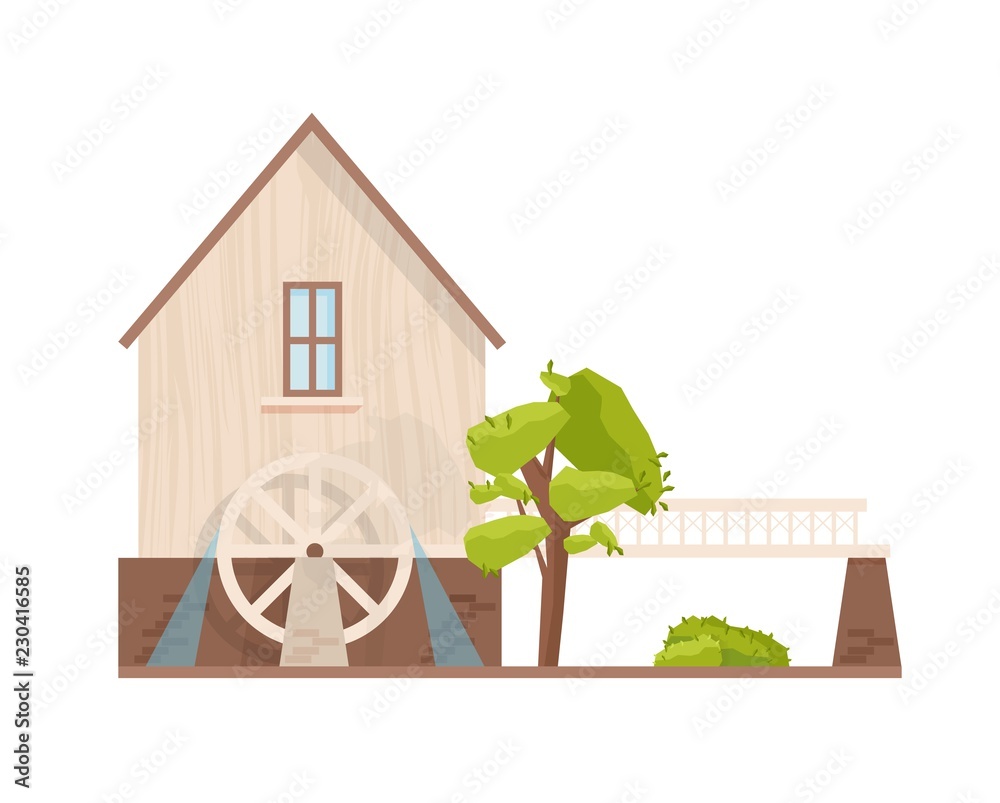 Facade of watermill with rotating wheel isolated on white background ...