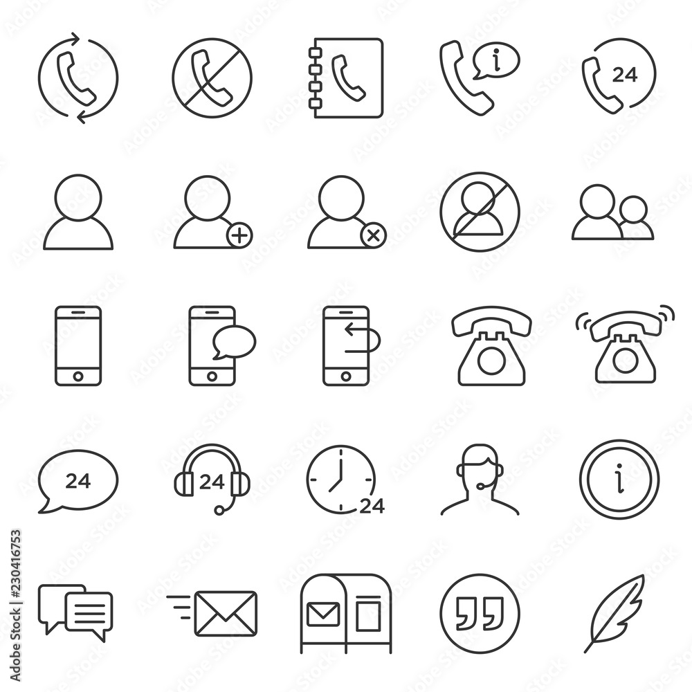 set of contact support icon collection, with simple black line and ...