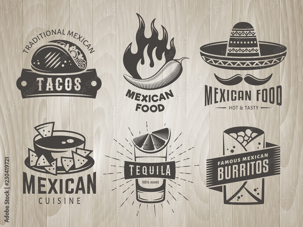 Mexican food badges. Vector logos with traditional mexican cuisine ...