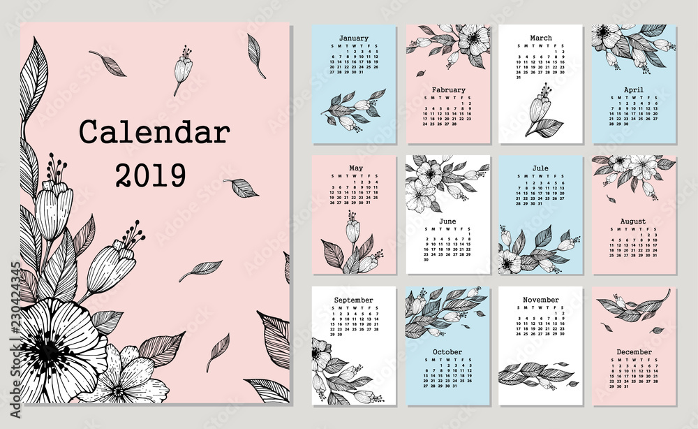 Cute monthly calendar 2019 with flowers and leaf. Hand drawn vector ...