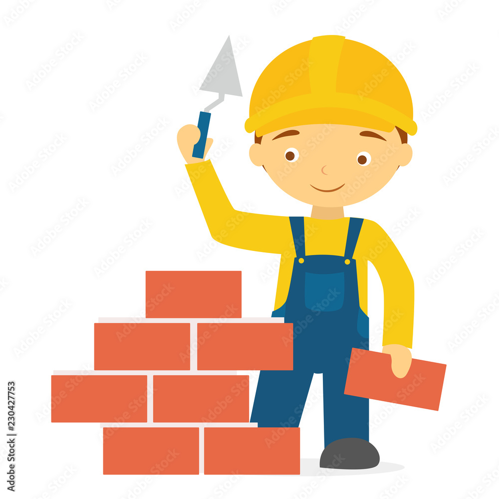 Cartoon smiling builder in uniform brick.Vector illustration for kids ...