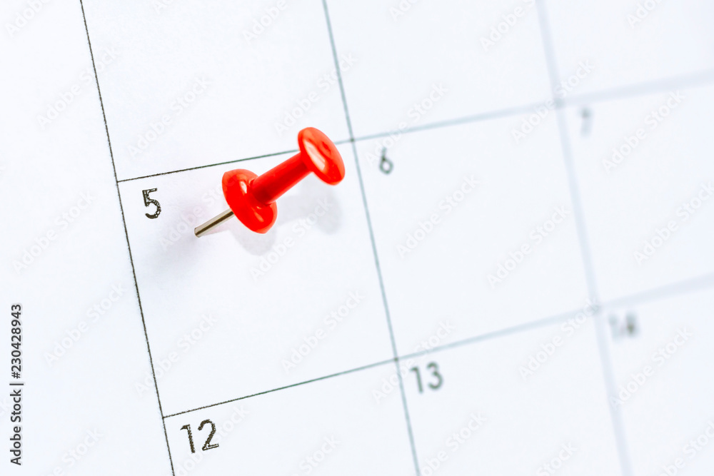5 date on calendar with Red color pin. fifth day of month is marked ...