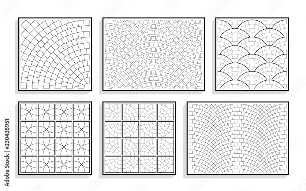 Set of seamless round pavement textures. Black and white patterns of ...
