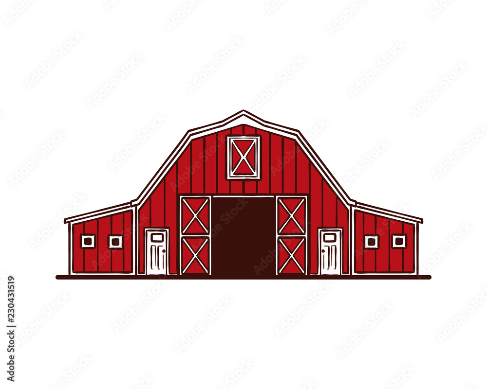 Hand Drawing Vector Red Barn on the Farm Fields Sign Symbol Icon Logo ...