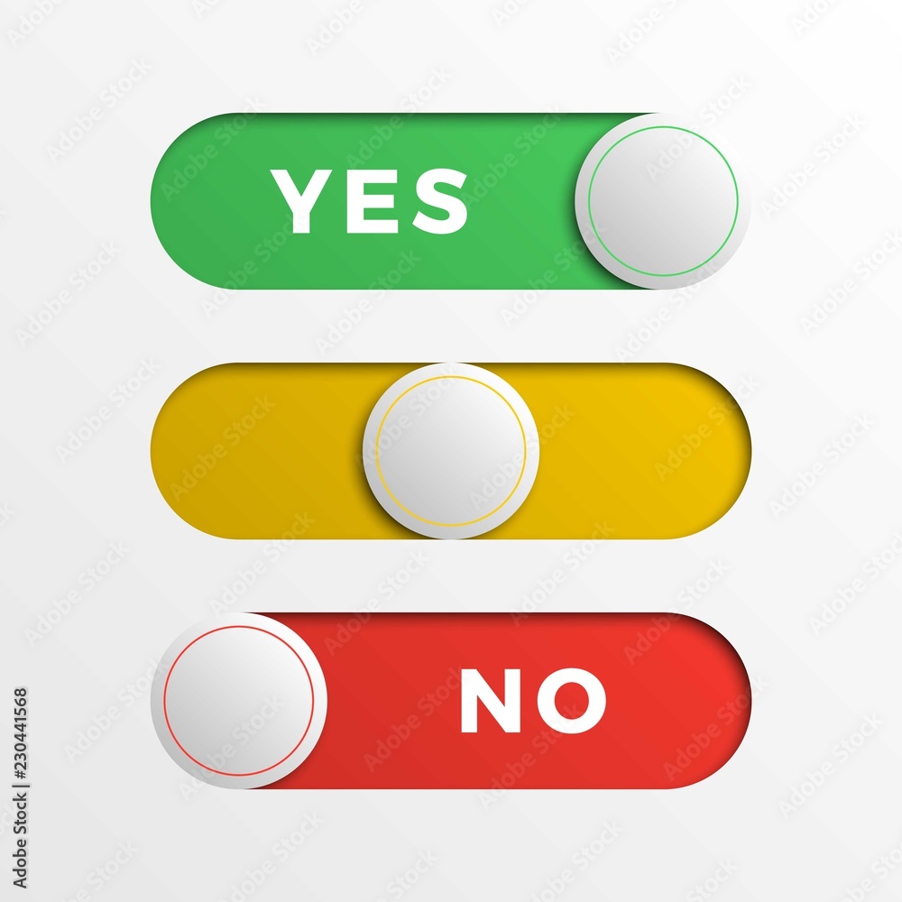 red, yellow, green switch interface round buttons. 3d realistic yes-no ...