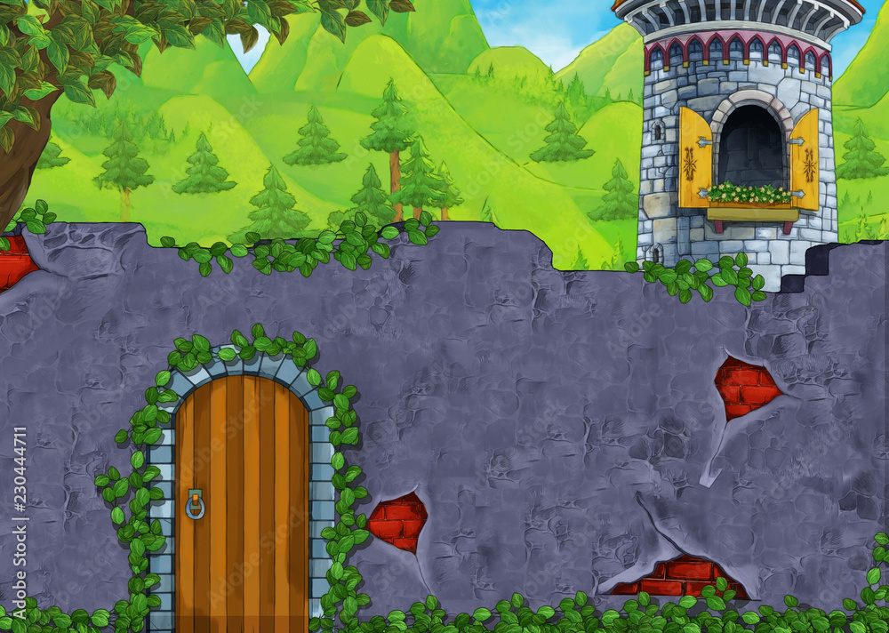 Cartoon happy scene of castle near the forest - stage for different ...