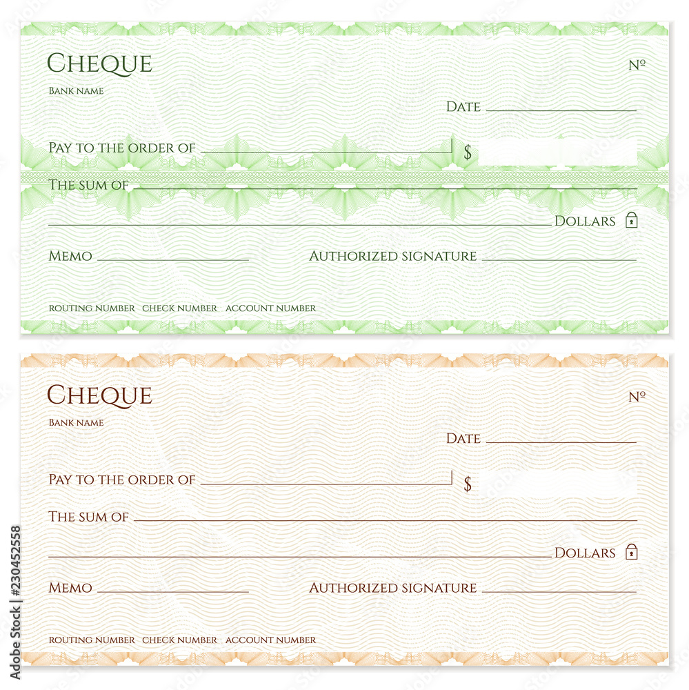 Check, Cheque (Chequebook template). Guilloche pattern with green ...