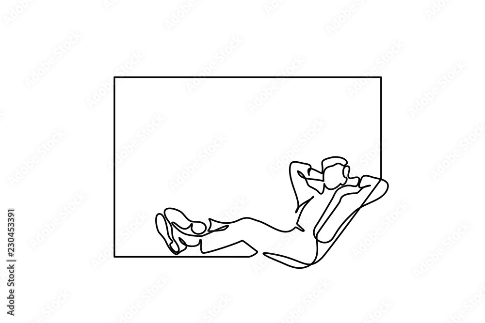 Continuous one line drawing. Young man relaxing in window, sitting ...
