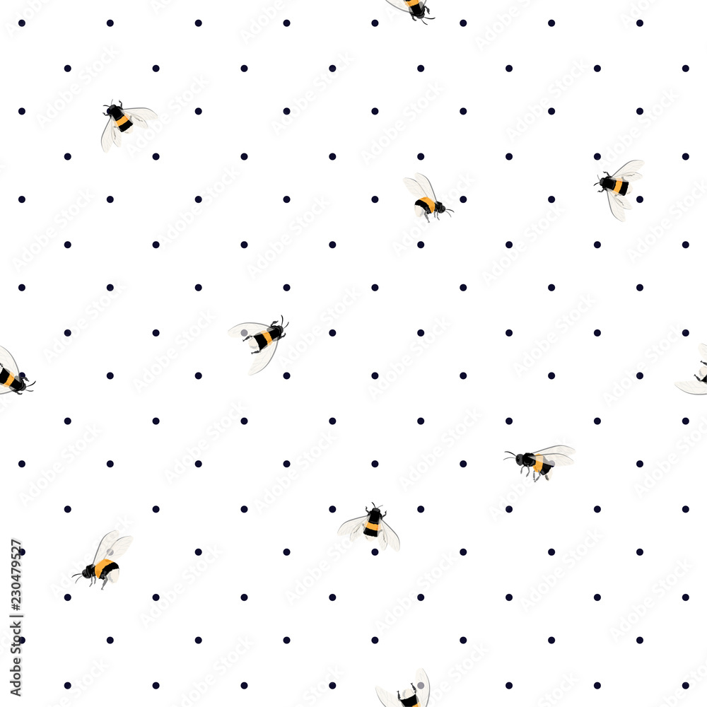 Trendy seamless bees pattern on polka dots background. Hand drawing bee ...