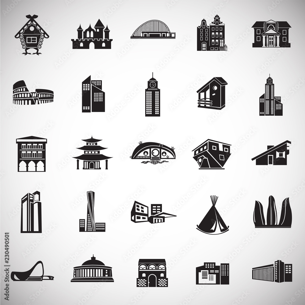 Modern and old buildings set on white background icons Stock Vector ...