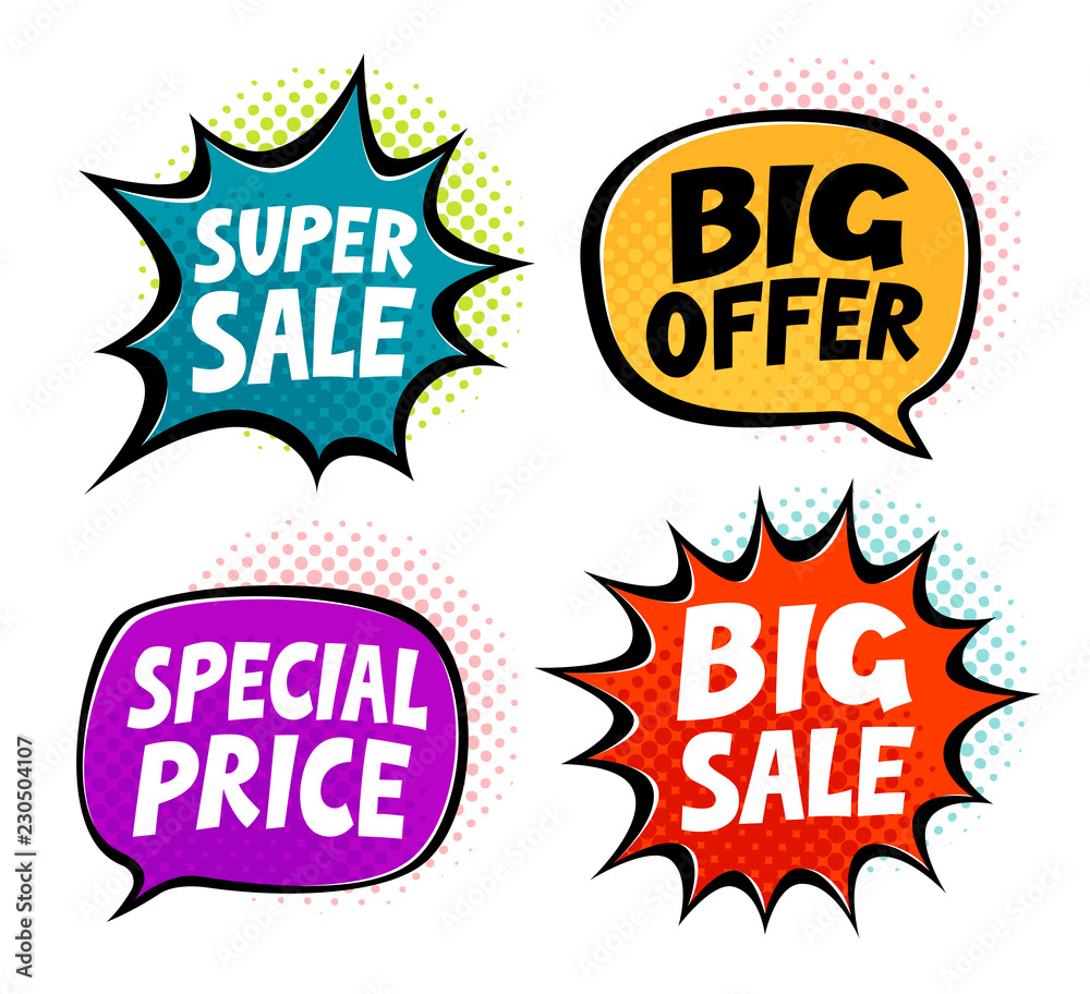 Sale, label set. Business, shopping, mall symbol in pop art retro comic ...