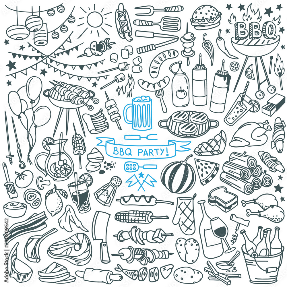 Barbecue party doodle set. Food, drinks, ingredients and decoration ...